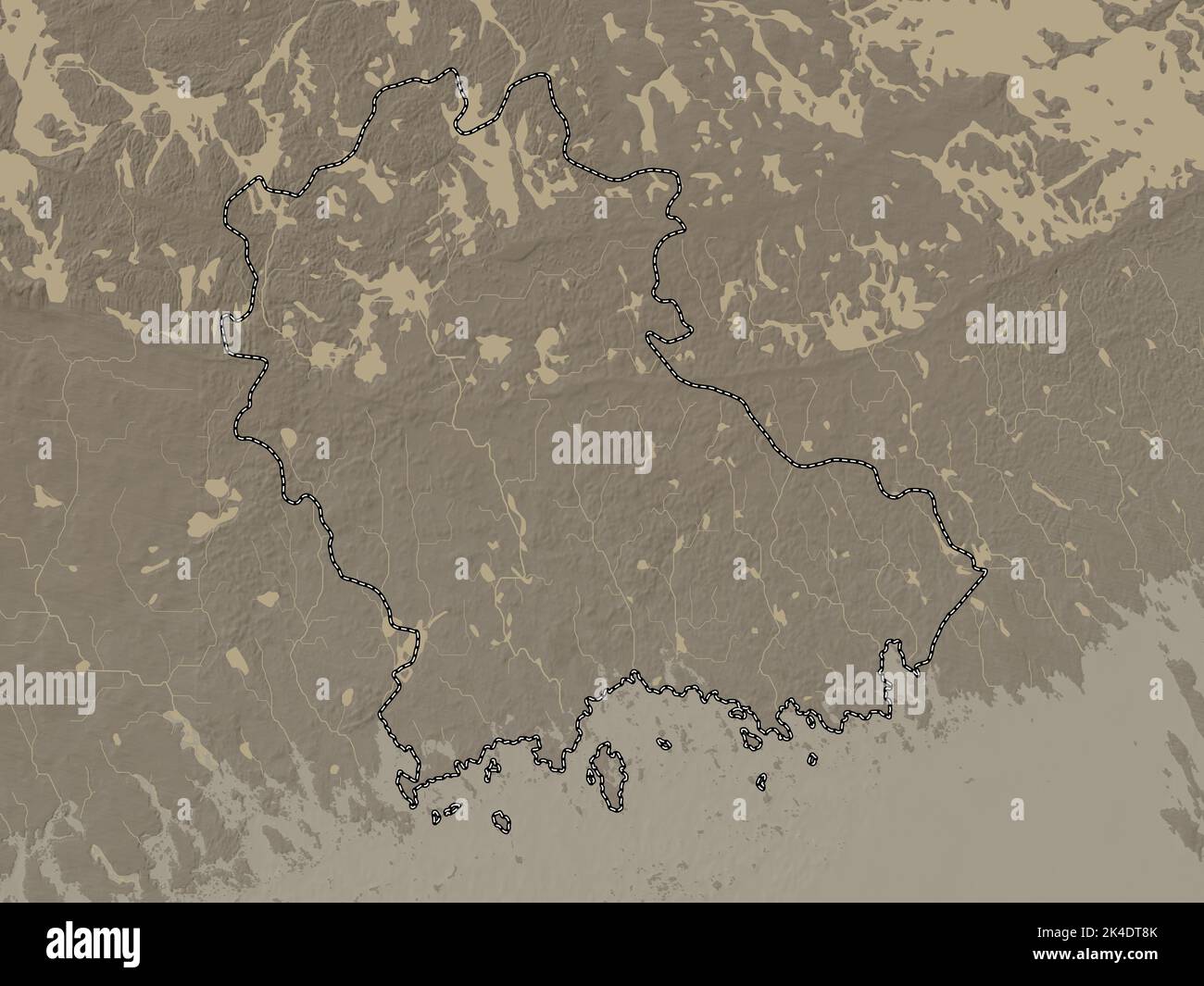Kymenlaakso, region of Finland. Elevation map colored in sepia tones ...