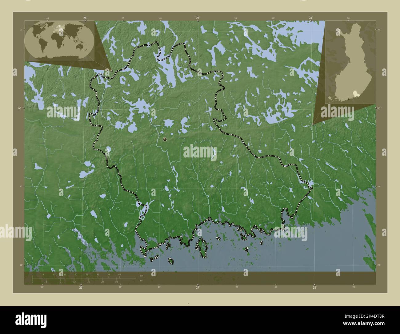 Kymenlaakso, region of Finland. Elevation map colored in wiki style ...