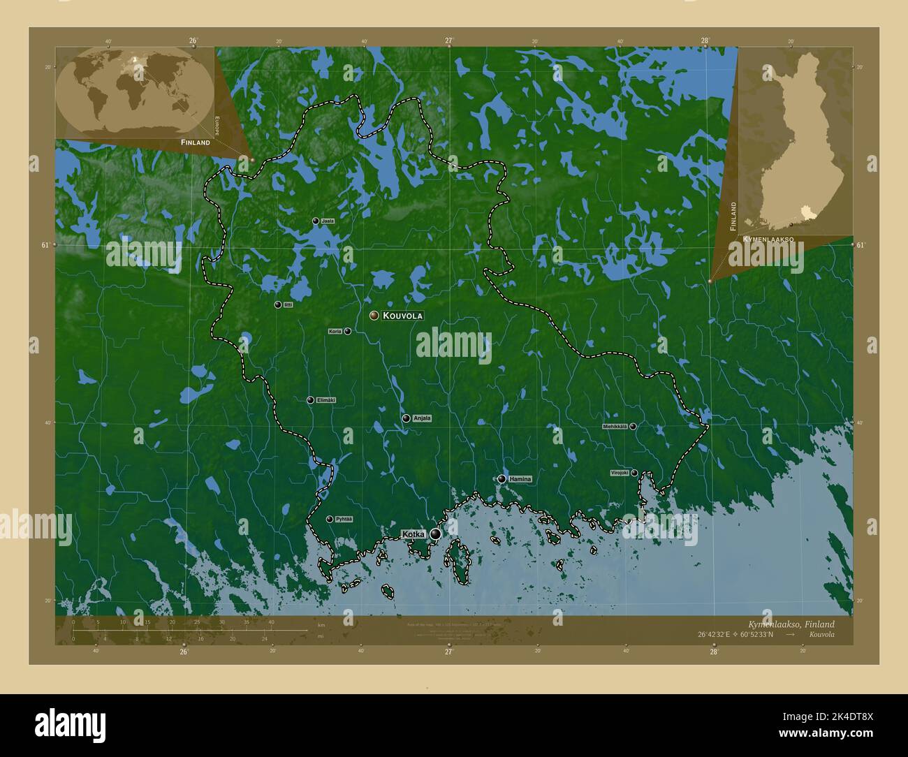 Kymenlaakso, region of Finland. Colored elevation map with lakes and ...