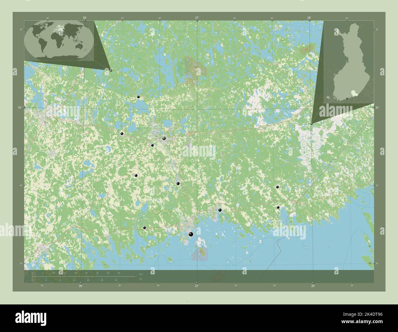 Kymenlaakso, region of Finland. Open Street Map. Locations of major ...