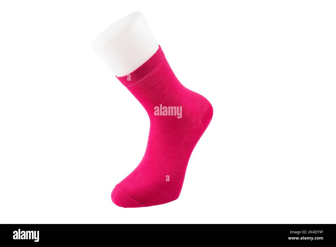 Side view of plastic foot wearing new beautiful and soft natural cotton ...