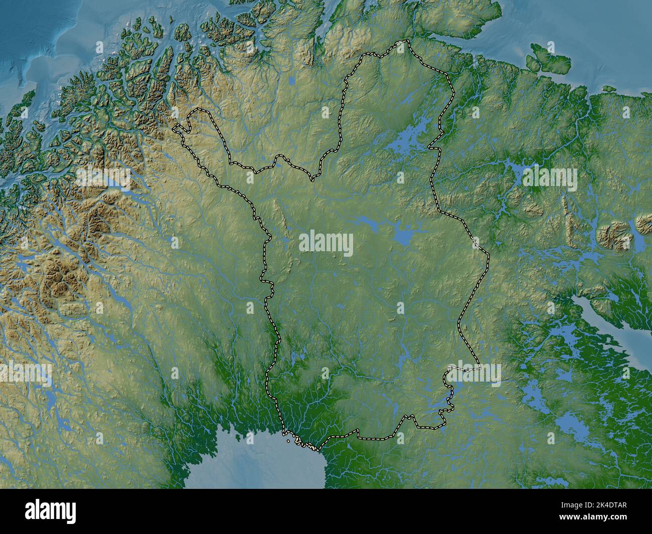 Lapland, region of Finland. Colored elevation map with lakes and rivers ...