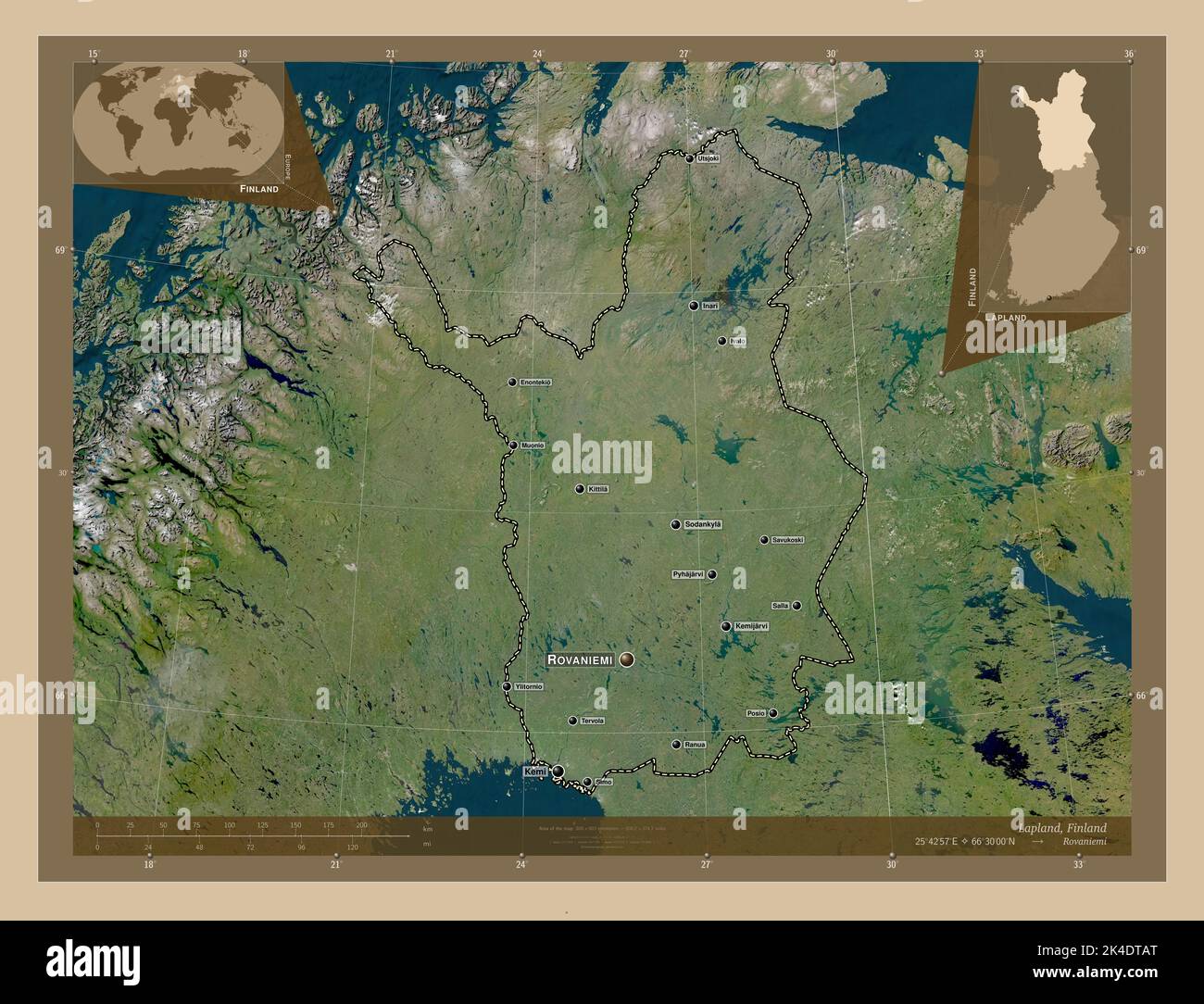 Lapland, region of Finland. Low resolution satellite map. Locations and ...