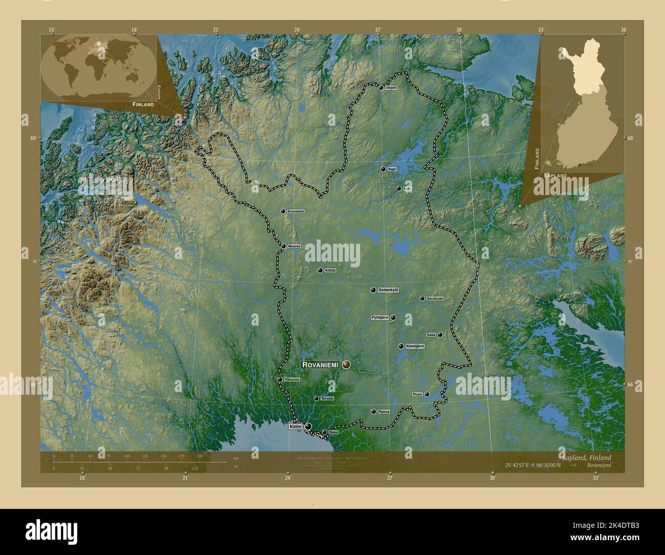 Lapland, region of Finland. Colored elevation map with lakes and rivers ...