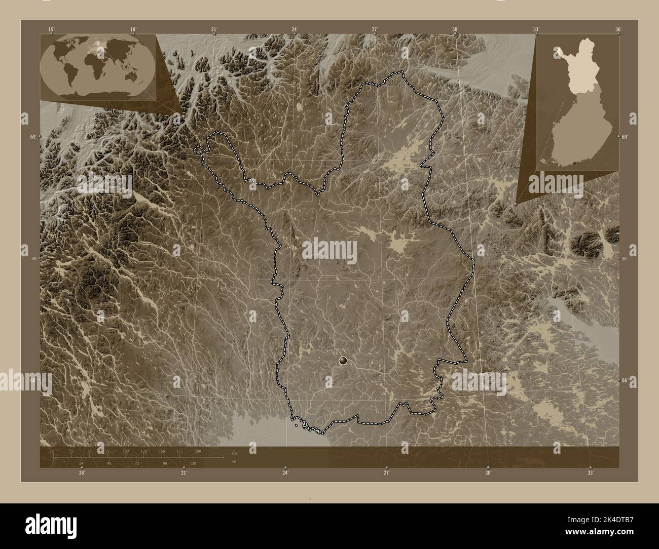 Lapland, region of Finland. Elevation map colored in sepia tones with ...