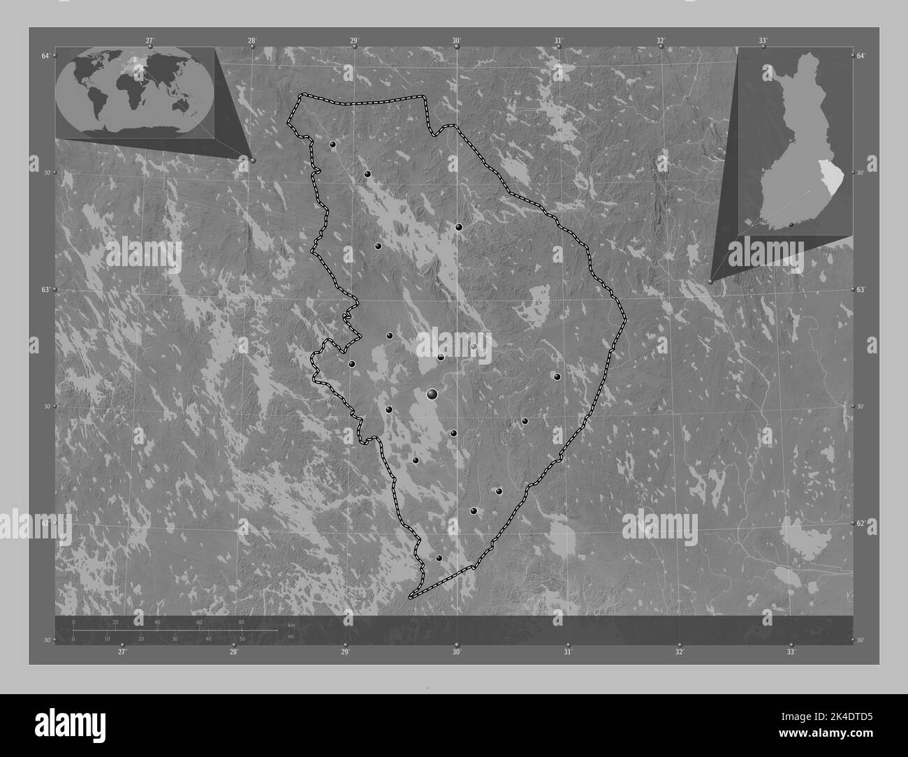 North Karelia, region of Finland. Grayscale elevation map with lakes ...