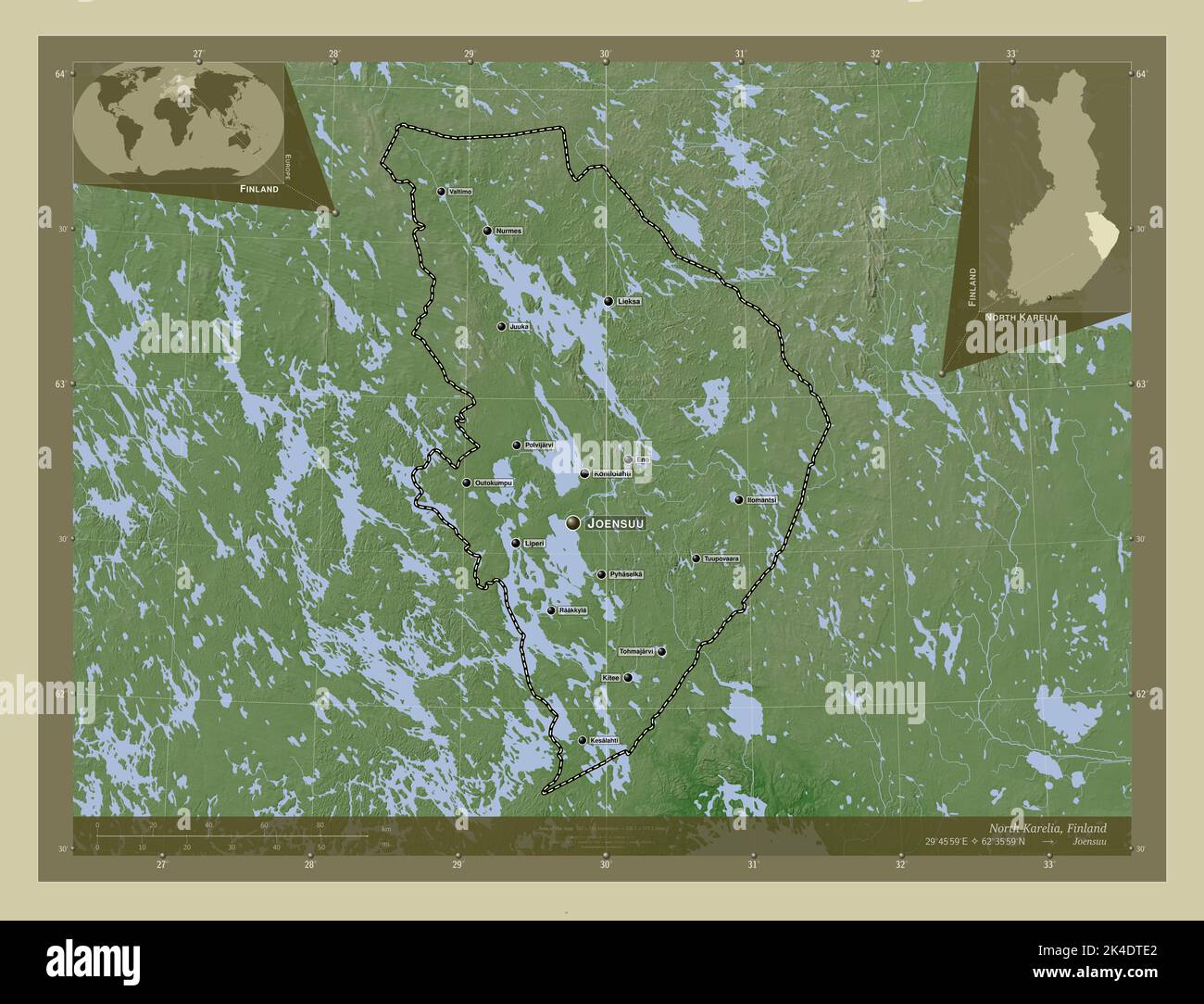 North Karelia, region of Finland. Elevation map colored in wiki style ...