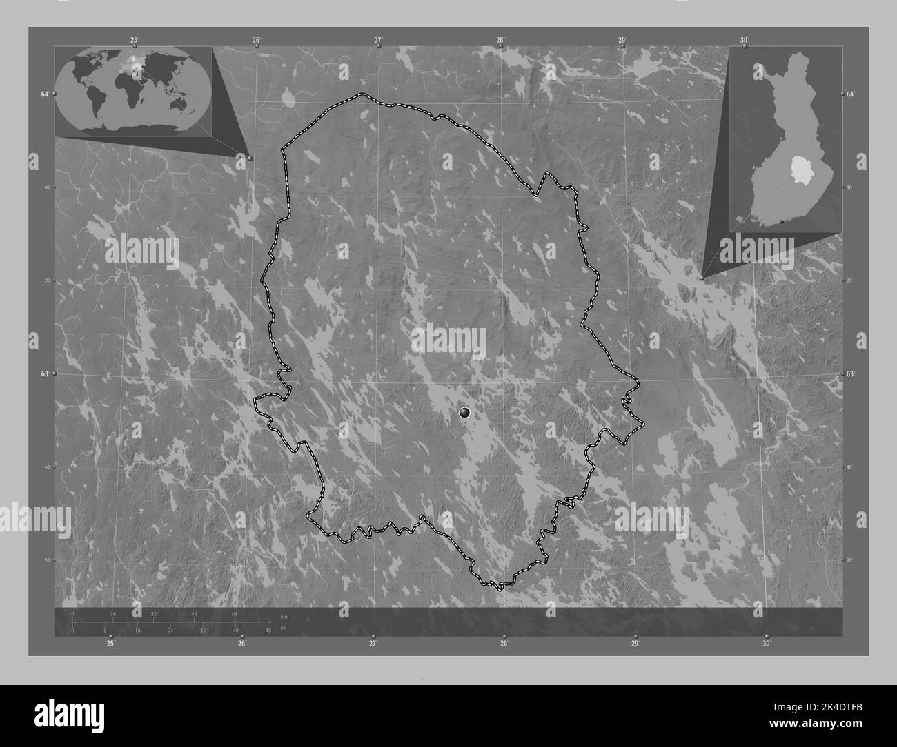 North Savonia, region of Finland. Grayscale elevation map with lakes ...