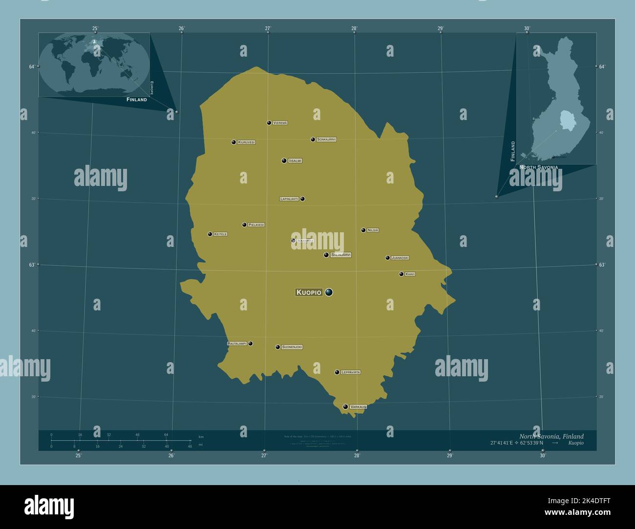North Savonia, region of Finland. Solid color shape. Locations and ...