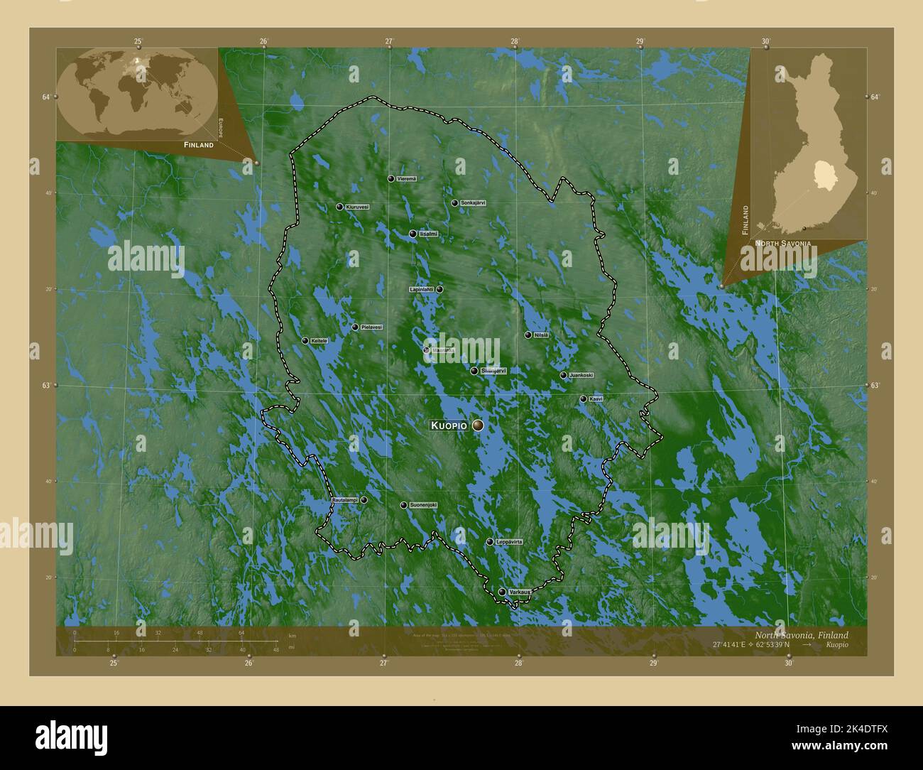 North Savonia, region of Finland. Colored elevation map with lakes and ...