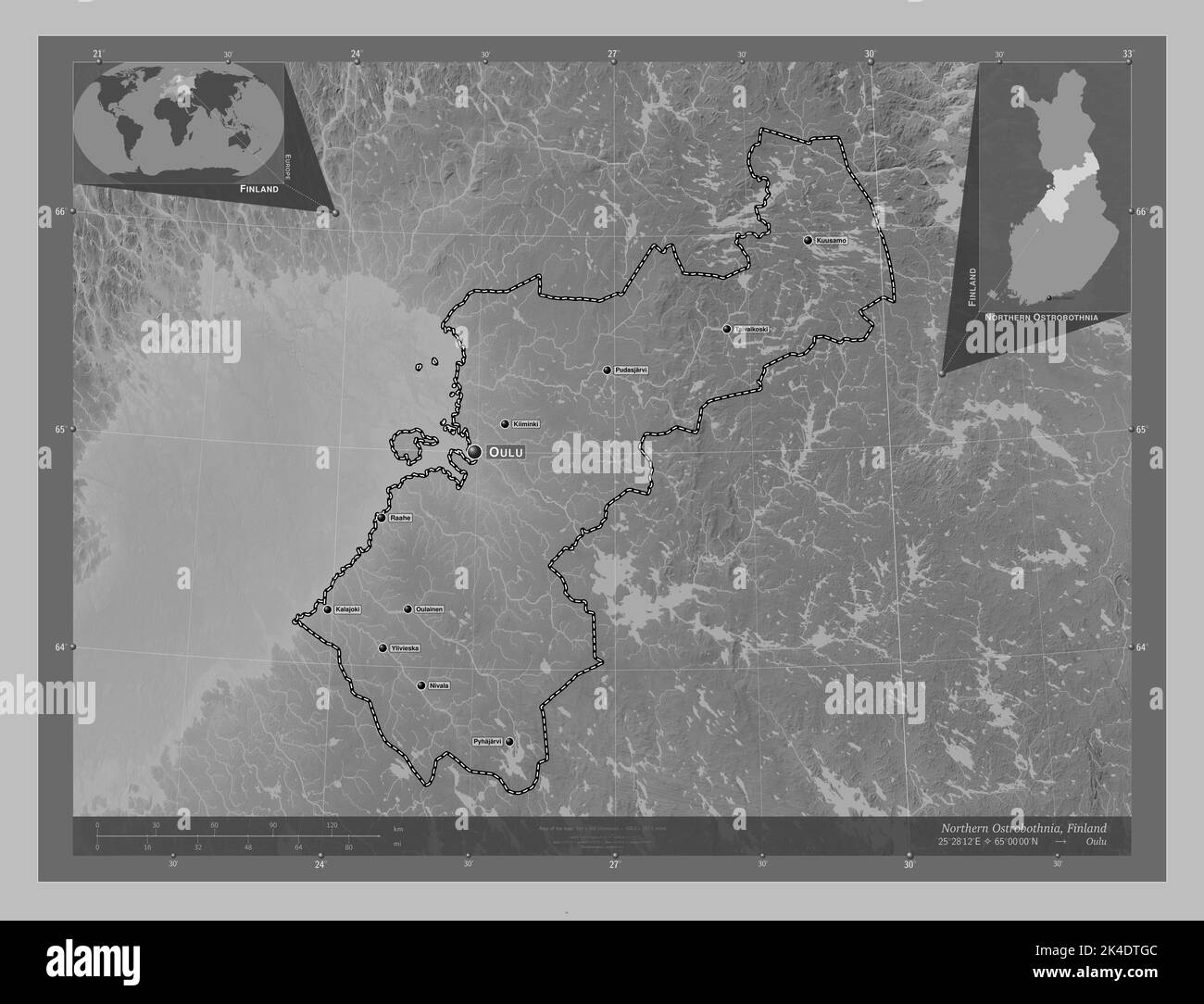 Northern Ostrobothnia, region of Finland. Grayscale elevation map with ...