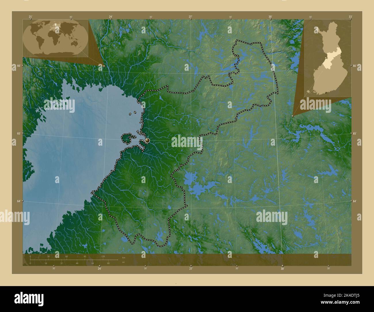 Northern Ostrobothnia, region of Finland. Colored elevation map with ...