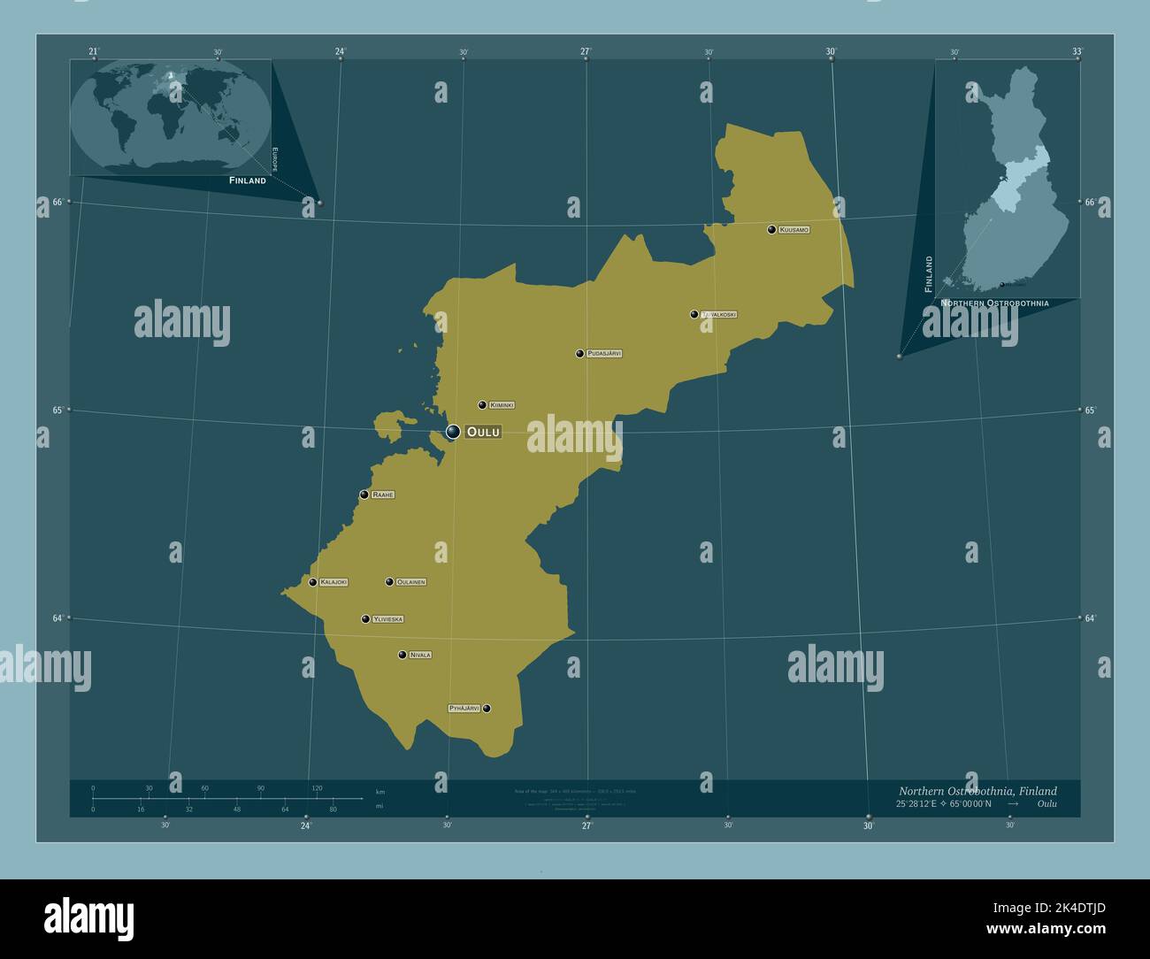 Northern Ostrobothnia, region of Finland. Solid color shape. Locations ...
