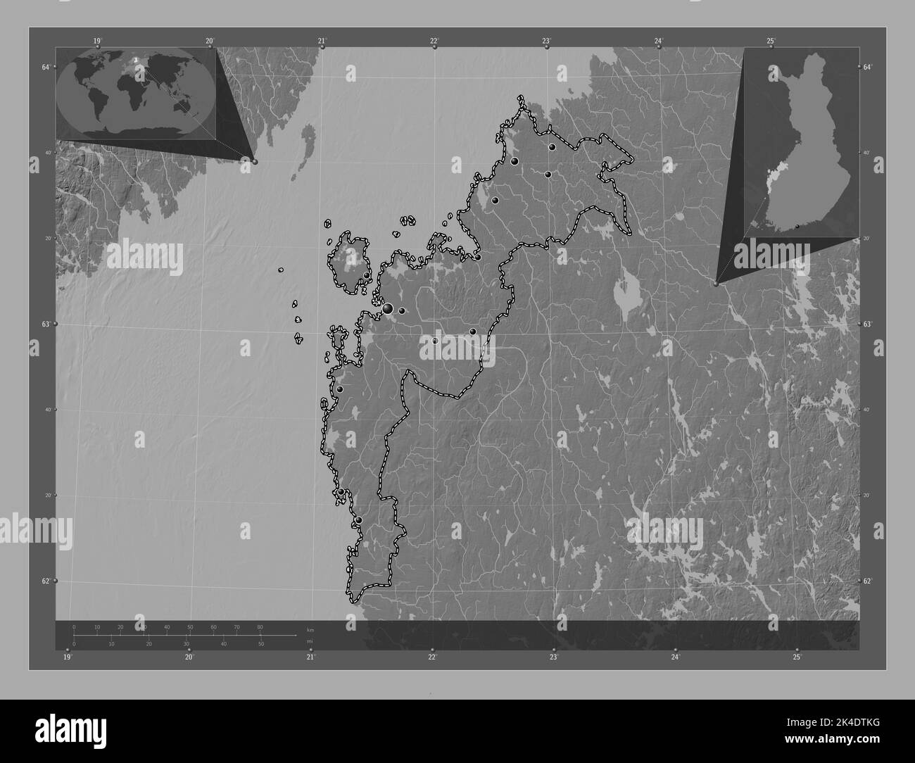 Ostrobothnia, region of Finland. Bilevel elevation map with lakes and ...