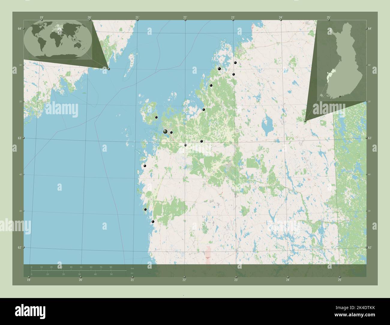 Ostrobothnia, region of Finland. Open Street Map. Locations of major ...