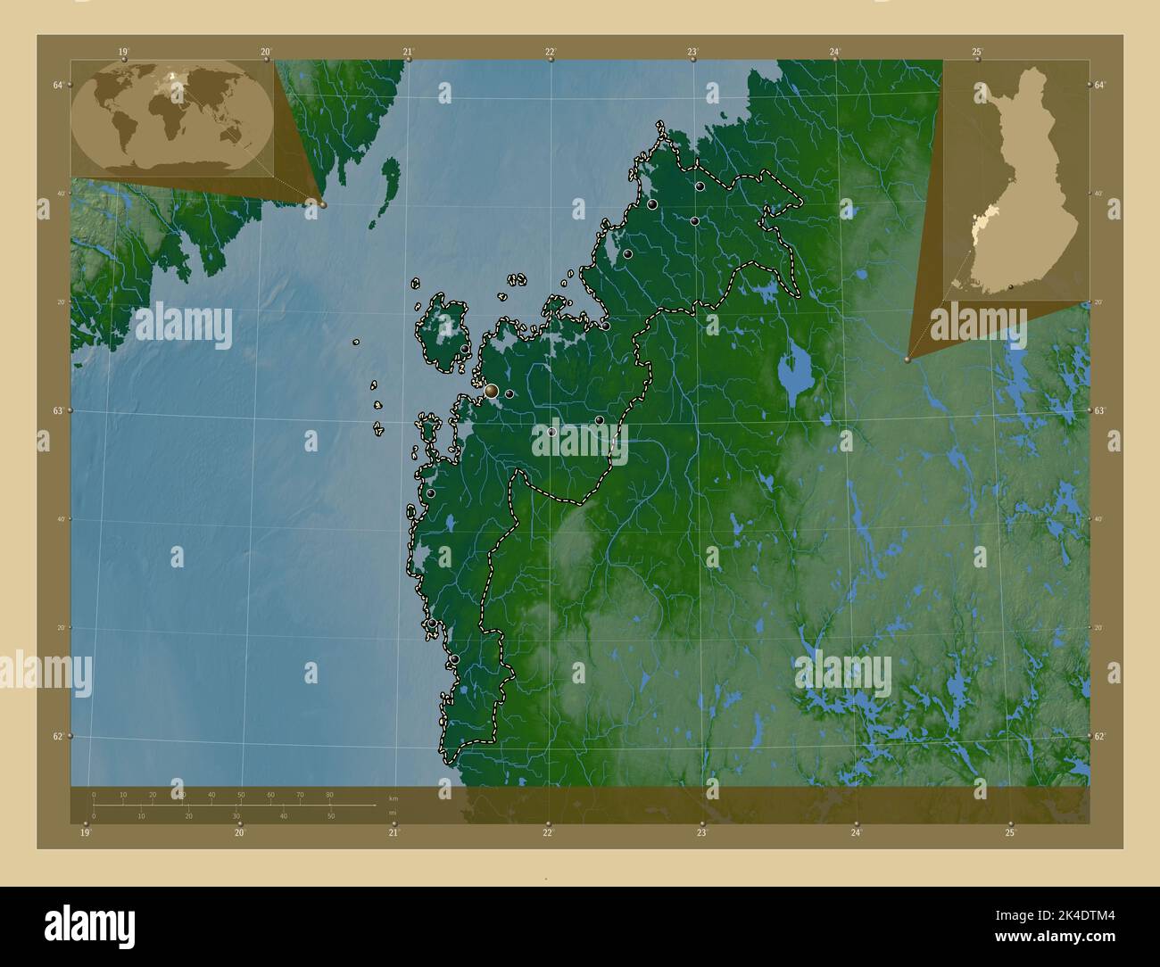 Ostrobothnia, region of Finland. Colored elevation map with lakes and ...