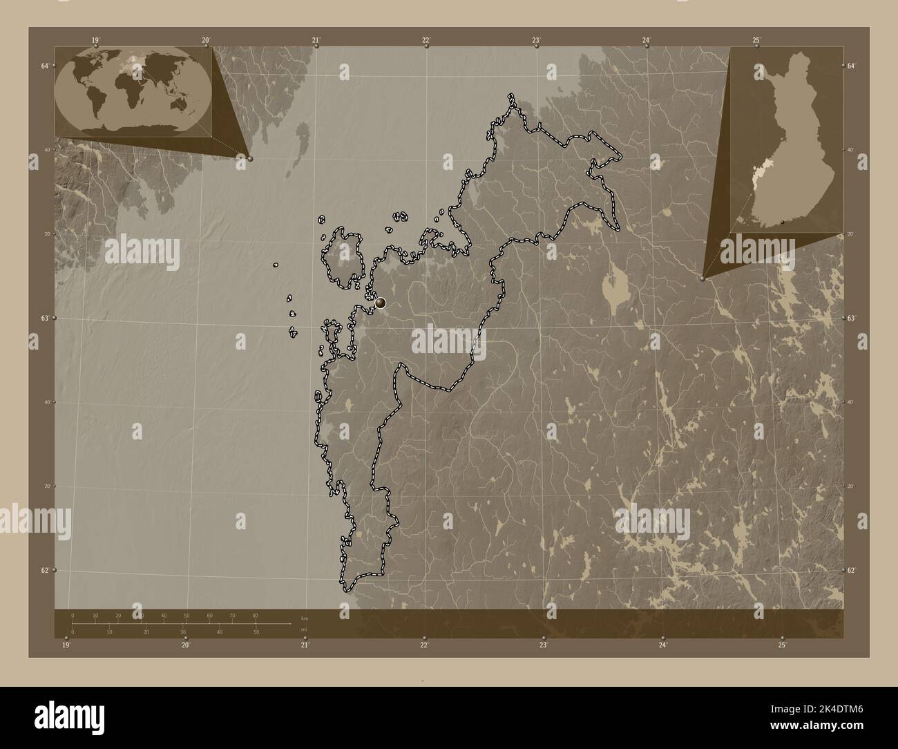Ostrobothnia, region of Finland. Elevation map colored in sepia tones ...