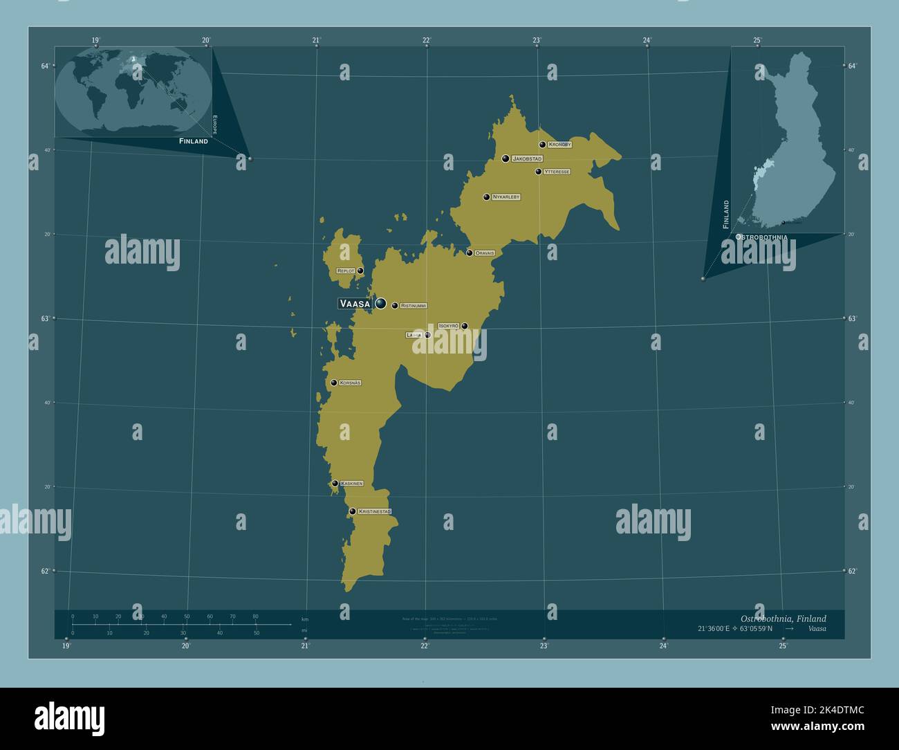 Ostrobothnia, region of Finland. Solid color shape. Locations and names ...