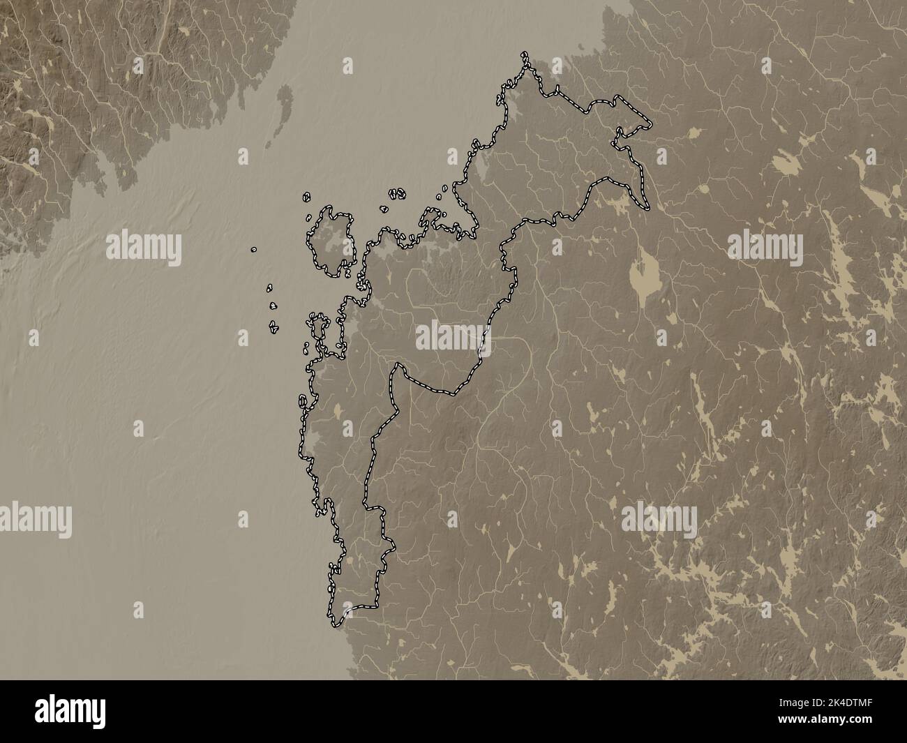 Ostrobothnia, region of Finland. Elevation map colored in sepia tones ...