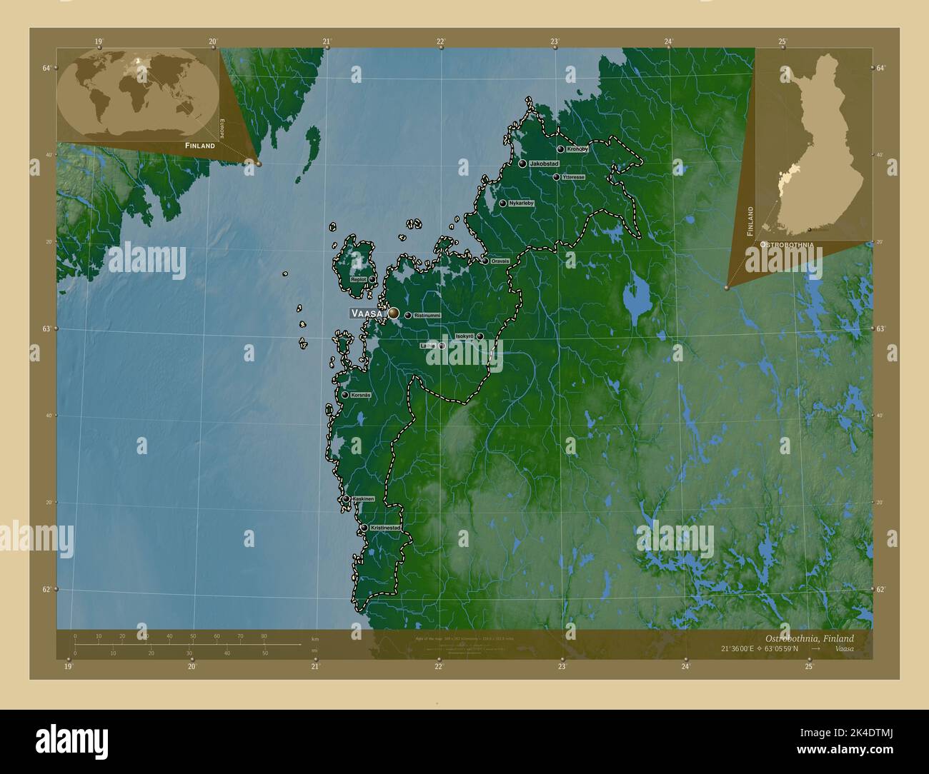 Ostrobothnia, region of Finland. Colored elevation map with lakes and ...