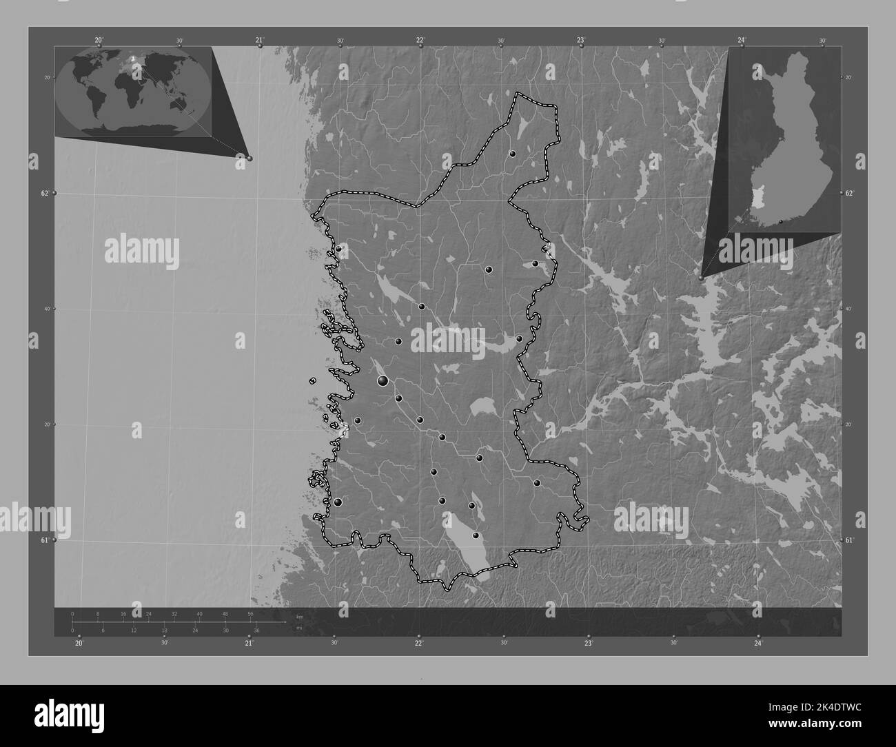 Satakunta, region of Finland. Bilevel elevation map with lakes and ...