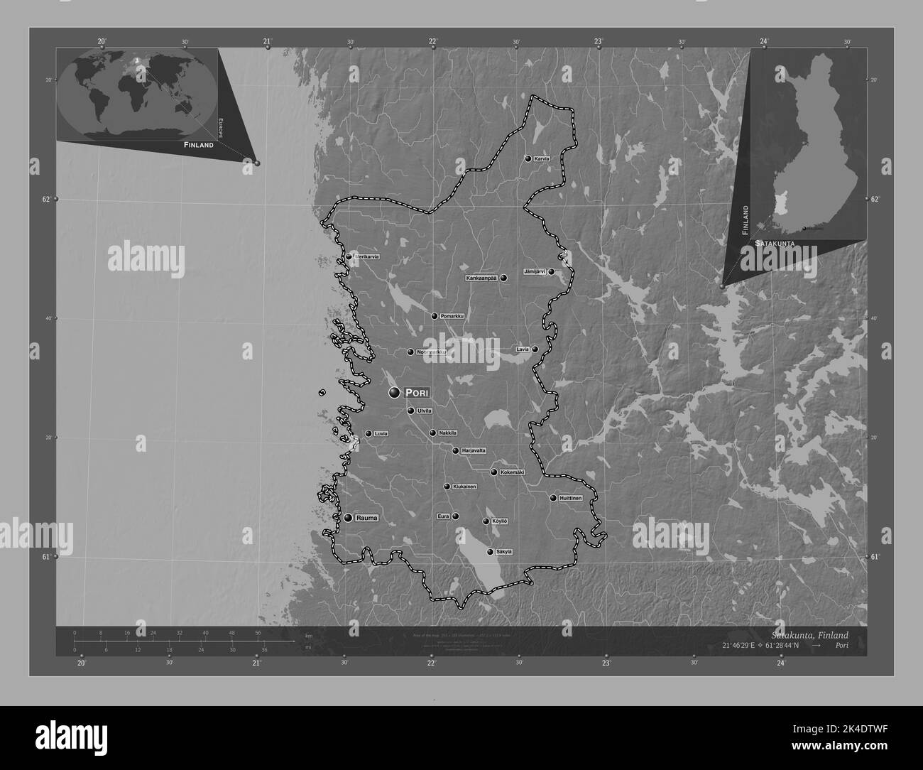 Satakunta, region of Finland. Bilevel elevation map with lakes and ...