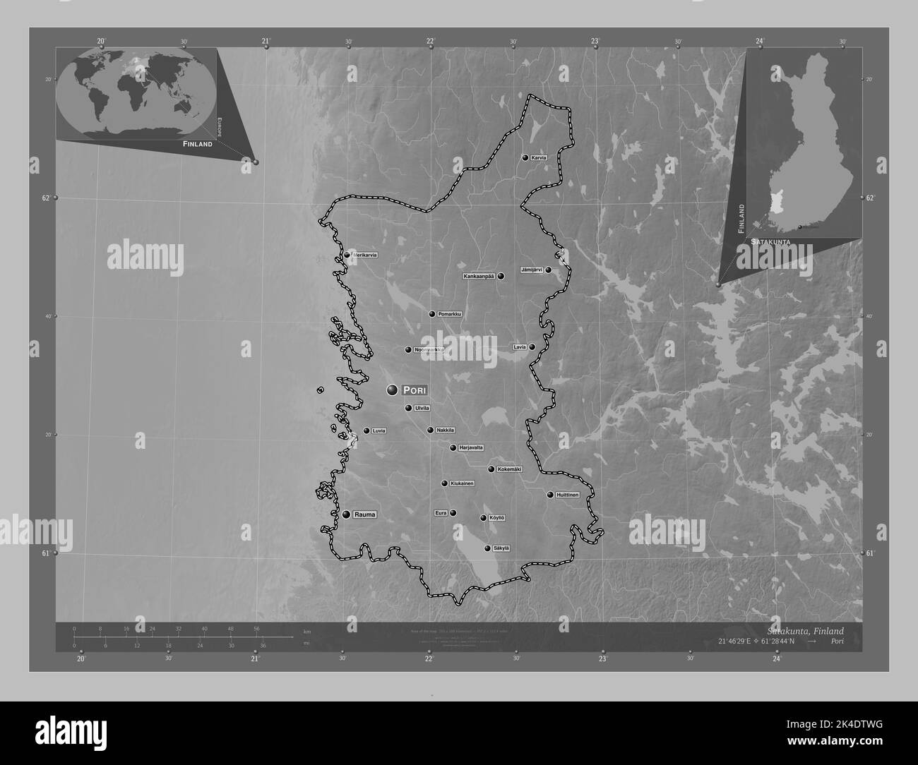 Satakunta, region of Finland. Grayscale elevation map with lakes and ...