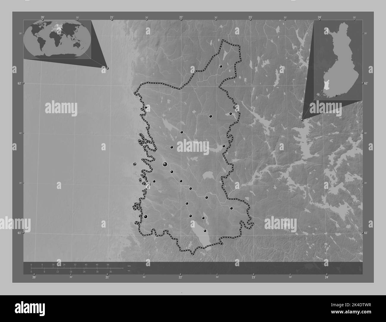 Satakunta, region of Finland. Grayscale elevation map with lakes and ...