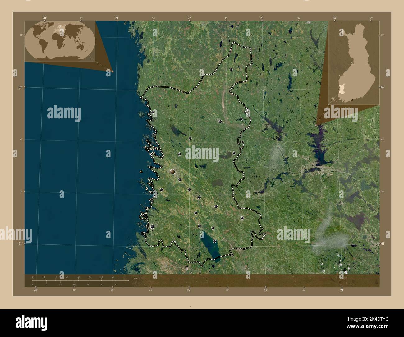 Satakunta, region of Finland. Low resolution satellite map. Locations ...