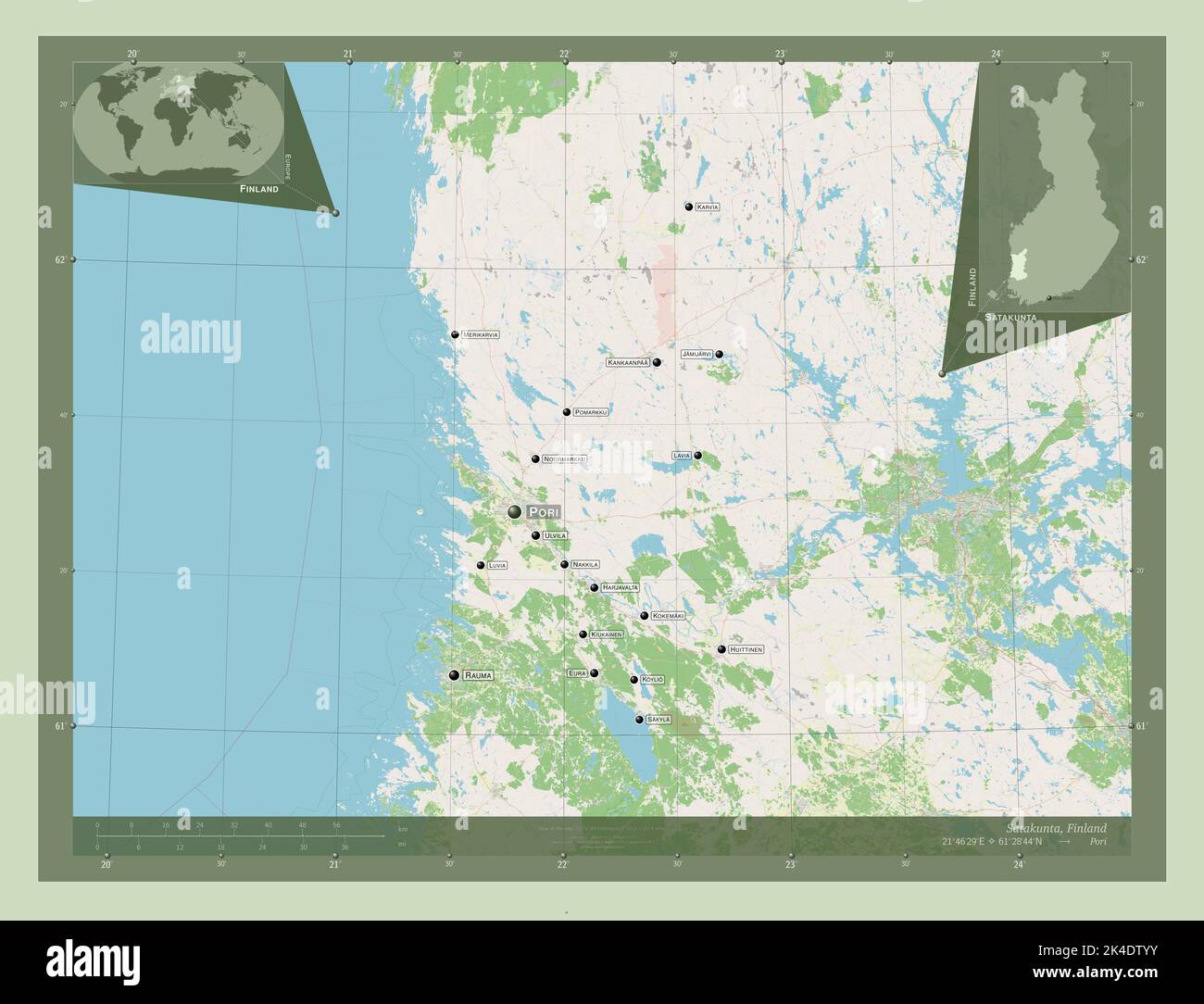 Satakunta, region of Finland. Open Street Map. Locations and names of ...