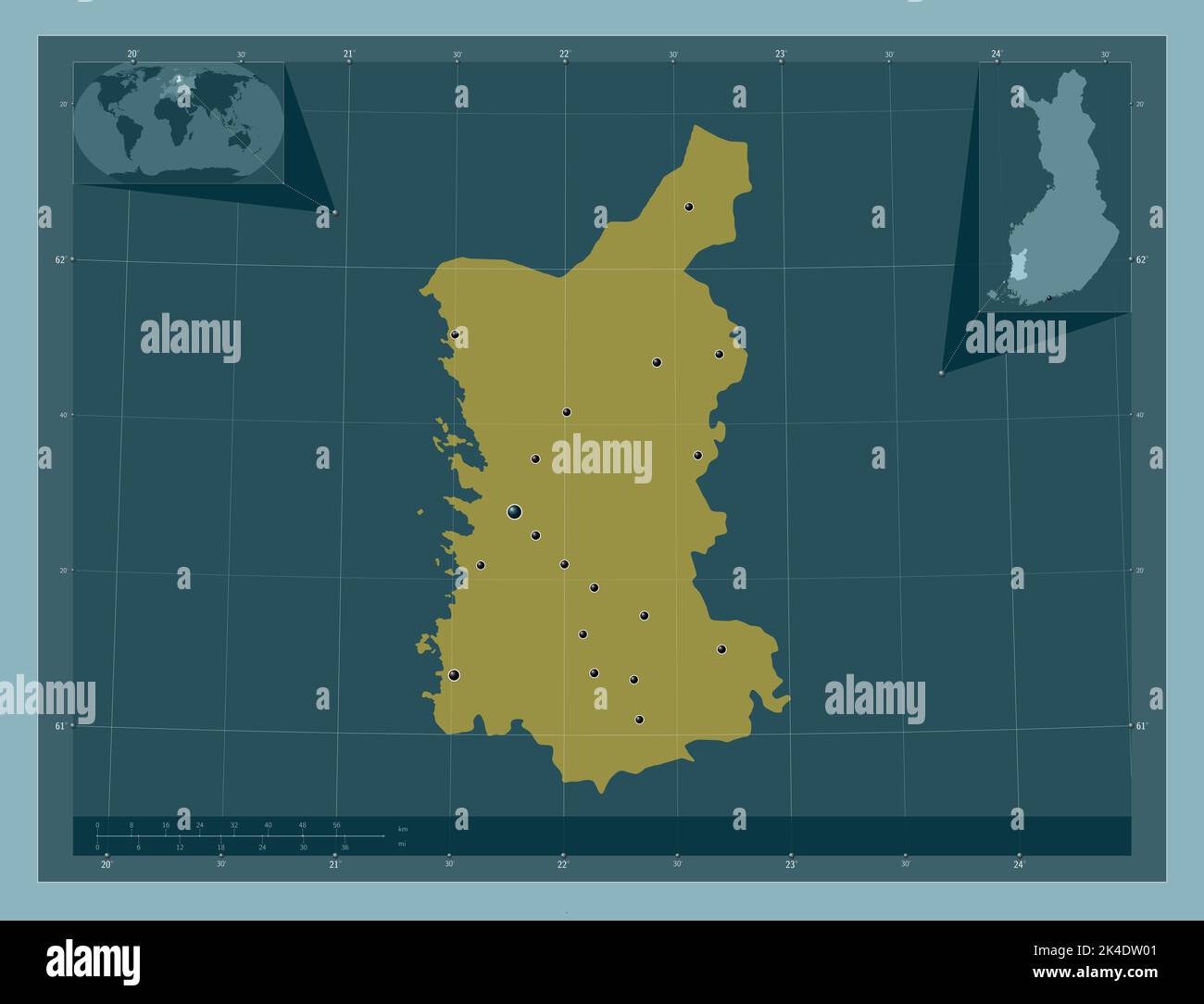 Satakunta, region of Finland. Solid color shape. Locations of major ...