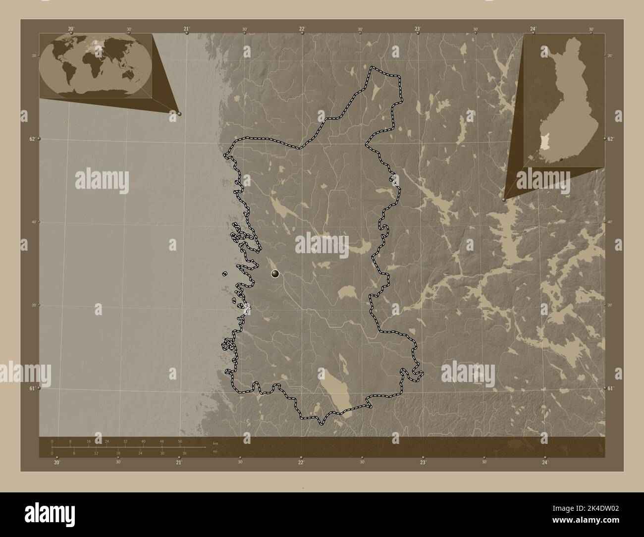Satakunta, region of Finland. Elevation map colored in sepia tones with ...