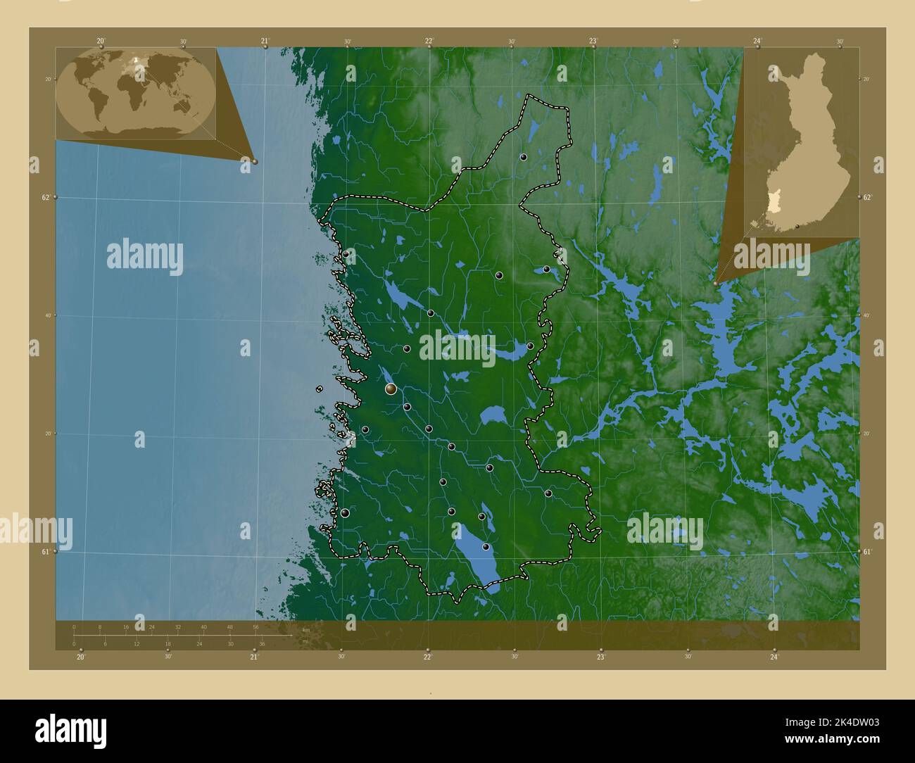 Satakunta, region of Finland. Colored elevation map with lakes and ...