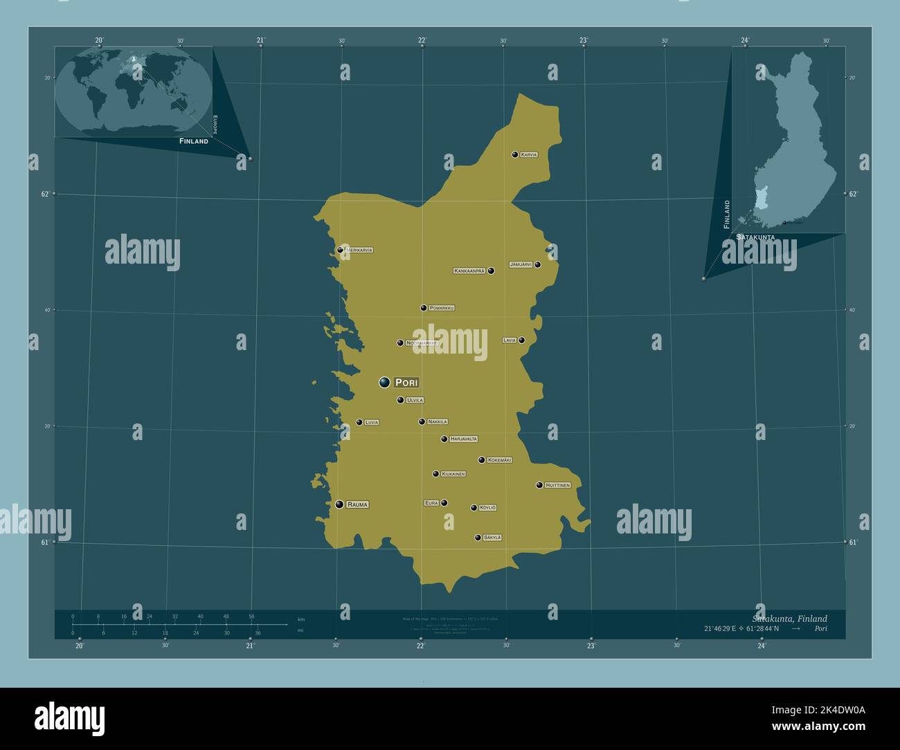 Satakunta, region of Finland. Solid color shape. Locations and names of ...