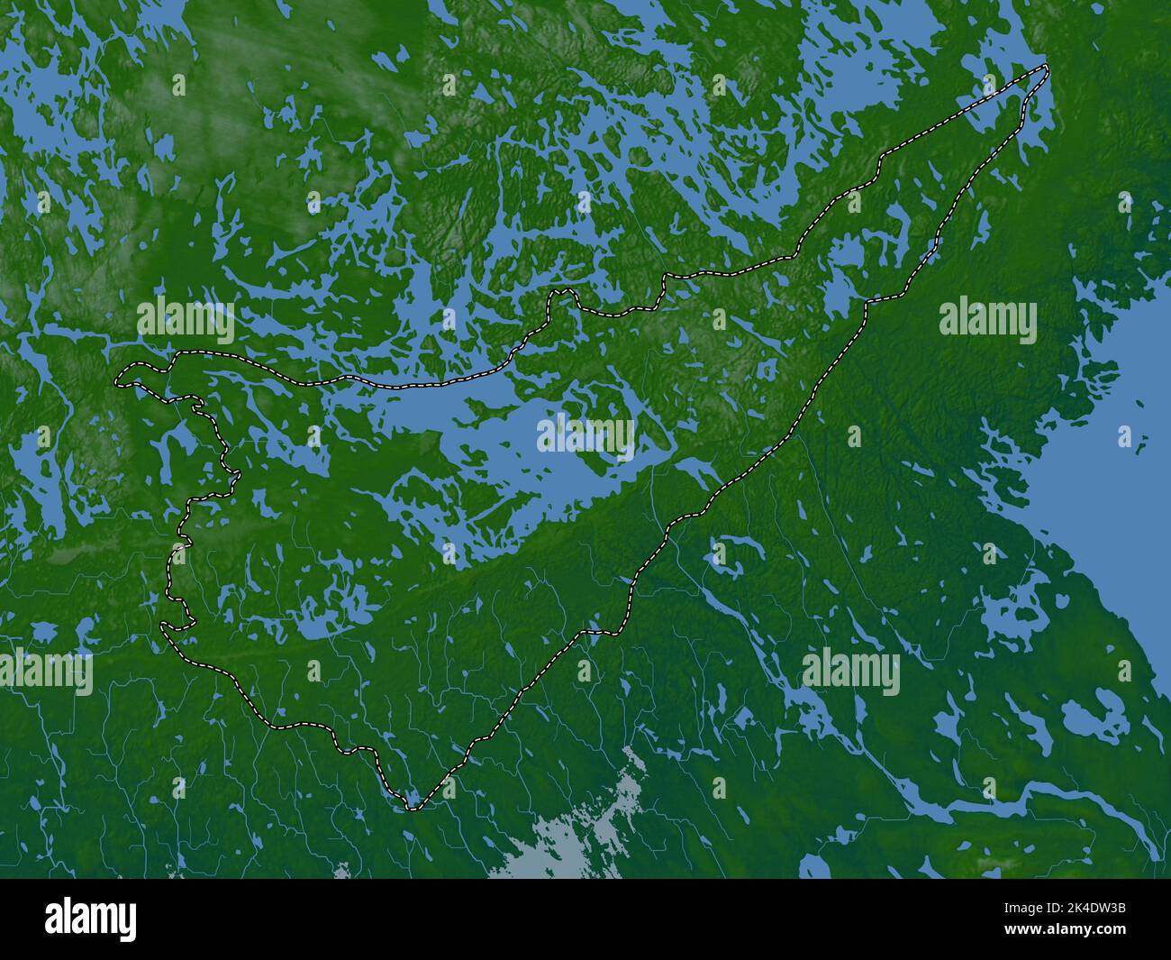 South Karelia, region of Finland. Colored elevation map with lakes and ...