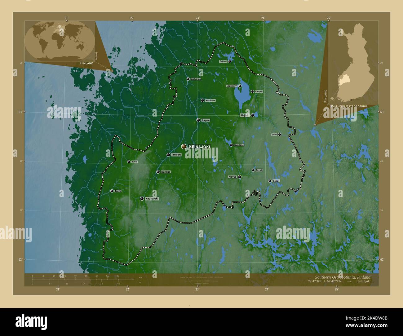 Southern Ostrobothnia, region of Finland. Colored elevation map with ...
