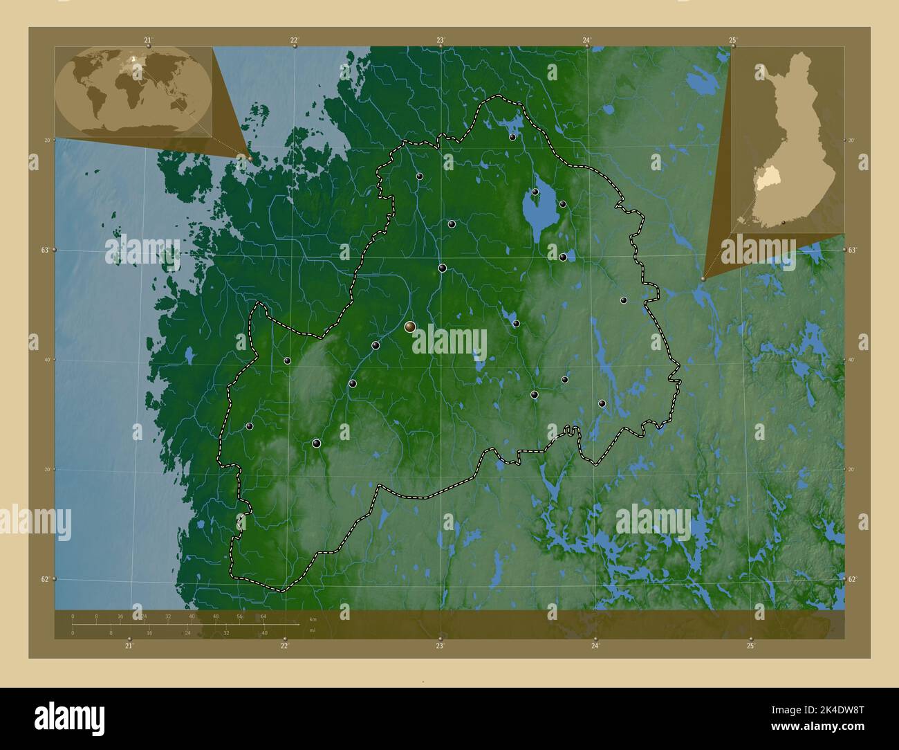 Southern Ostrobothnia, region of Finland. Colored elevation map with ...