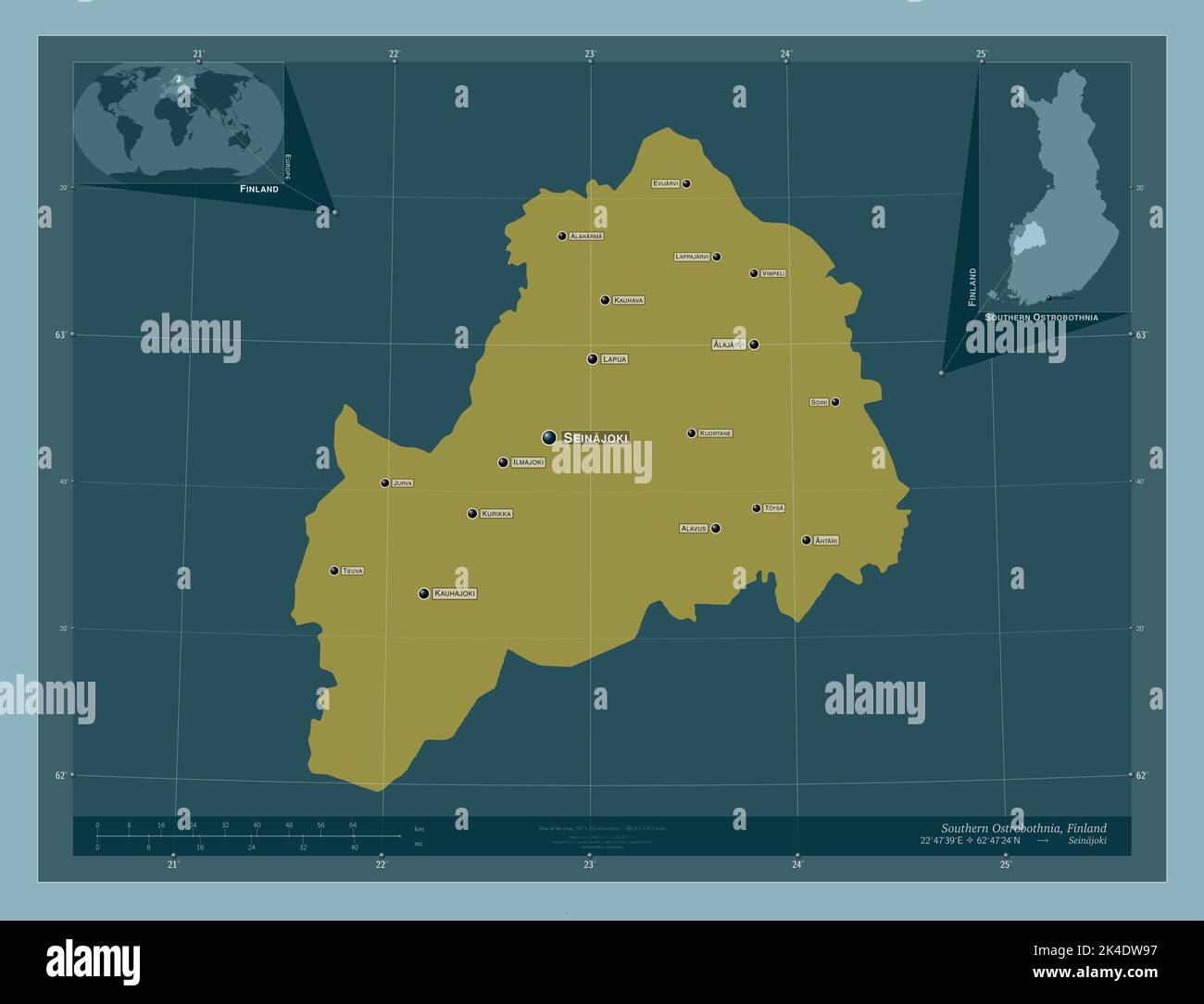 Southern Ostrobothnia, region of Finland. Solid color shape. Locations ...