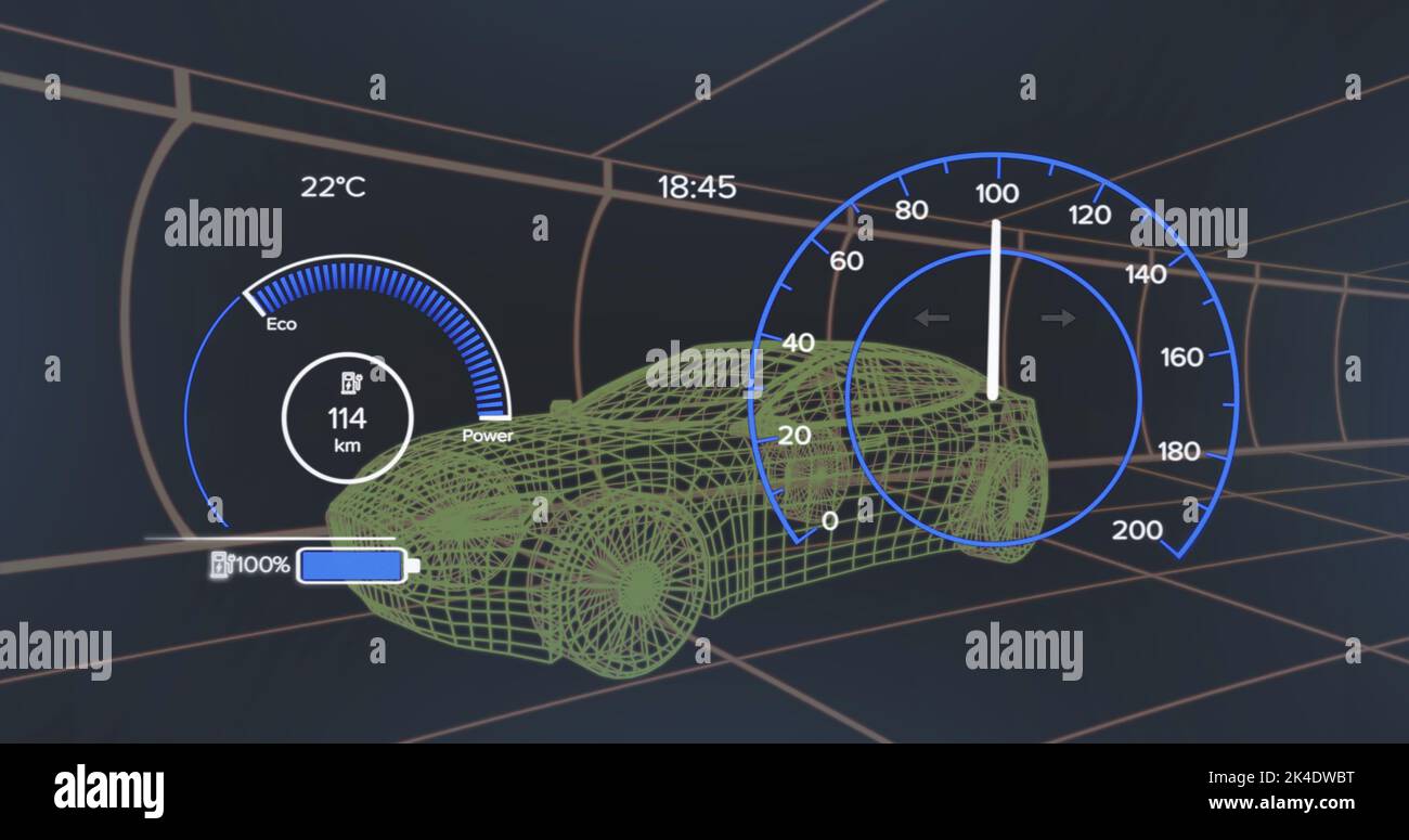 Image of 3d car model and speedometer over dark background Stock Photo ...