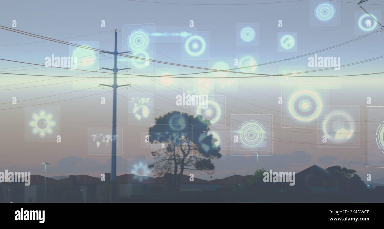 Image of infographic interface over silhouette electricity pylons and ...