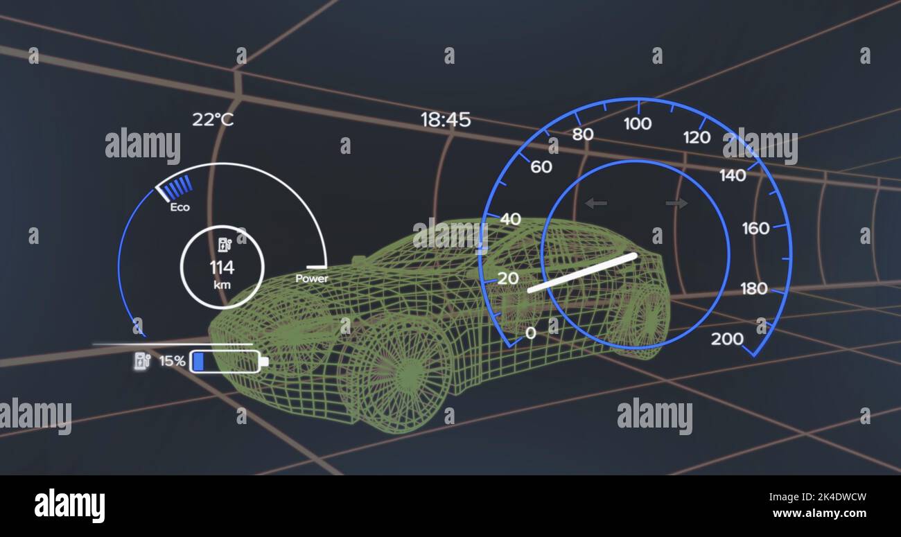 Image of 3d car model and speedometer over dark background Stock Photo ...