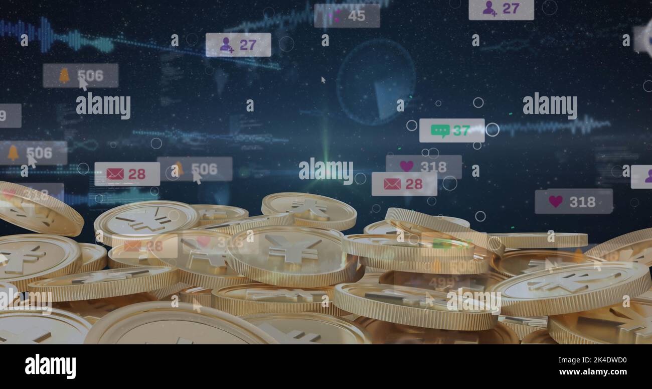 Image of yen coins over icons with growing numbers and data processing ...