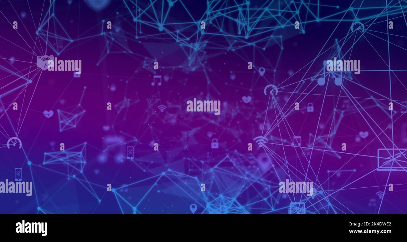 Images of network of connections with icons on blue and pink background ...