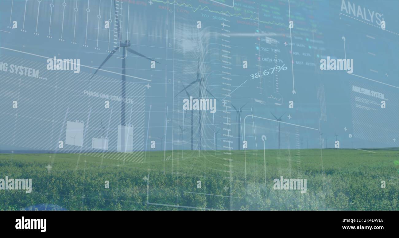 Image of financial data processing over wind turbines Stock Photo - Alamy
