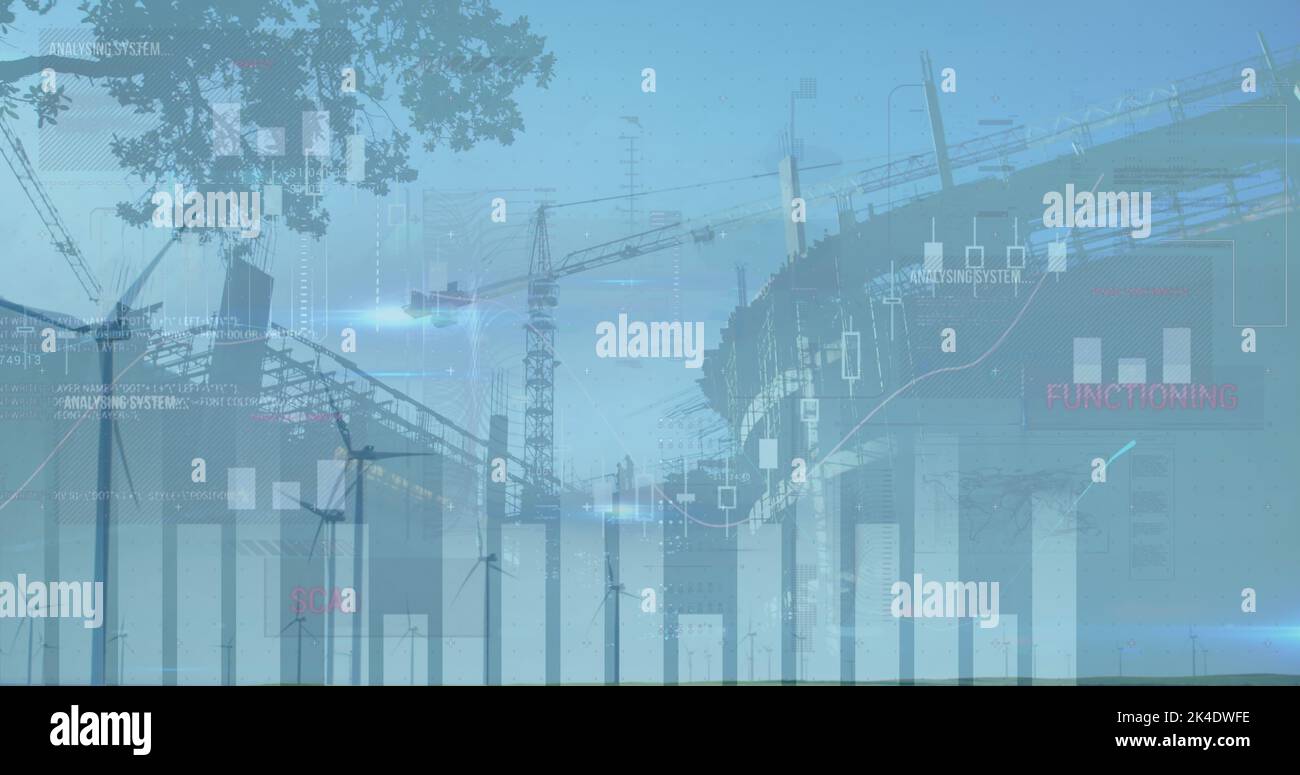 Image of financial data processing and wind turbines over building site Stock Photo - Alamy