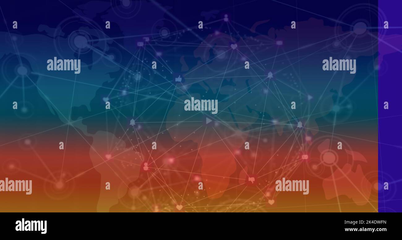 Images of network of connections and world map on blue and orange ...