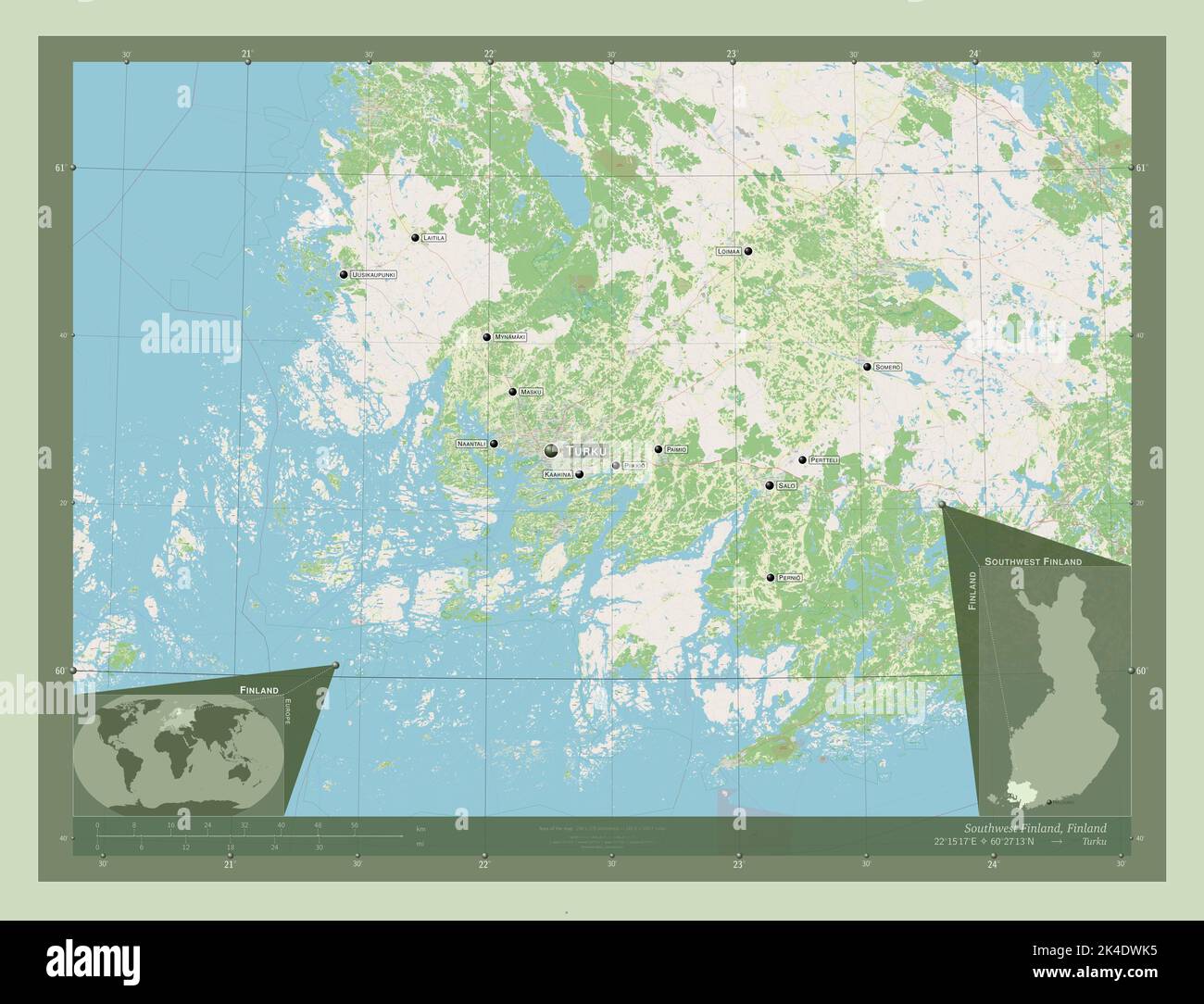 Southwest Finland, region of Finland. Open Street Map. Locations and ...