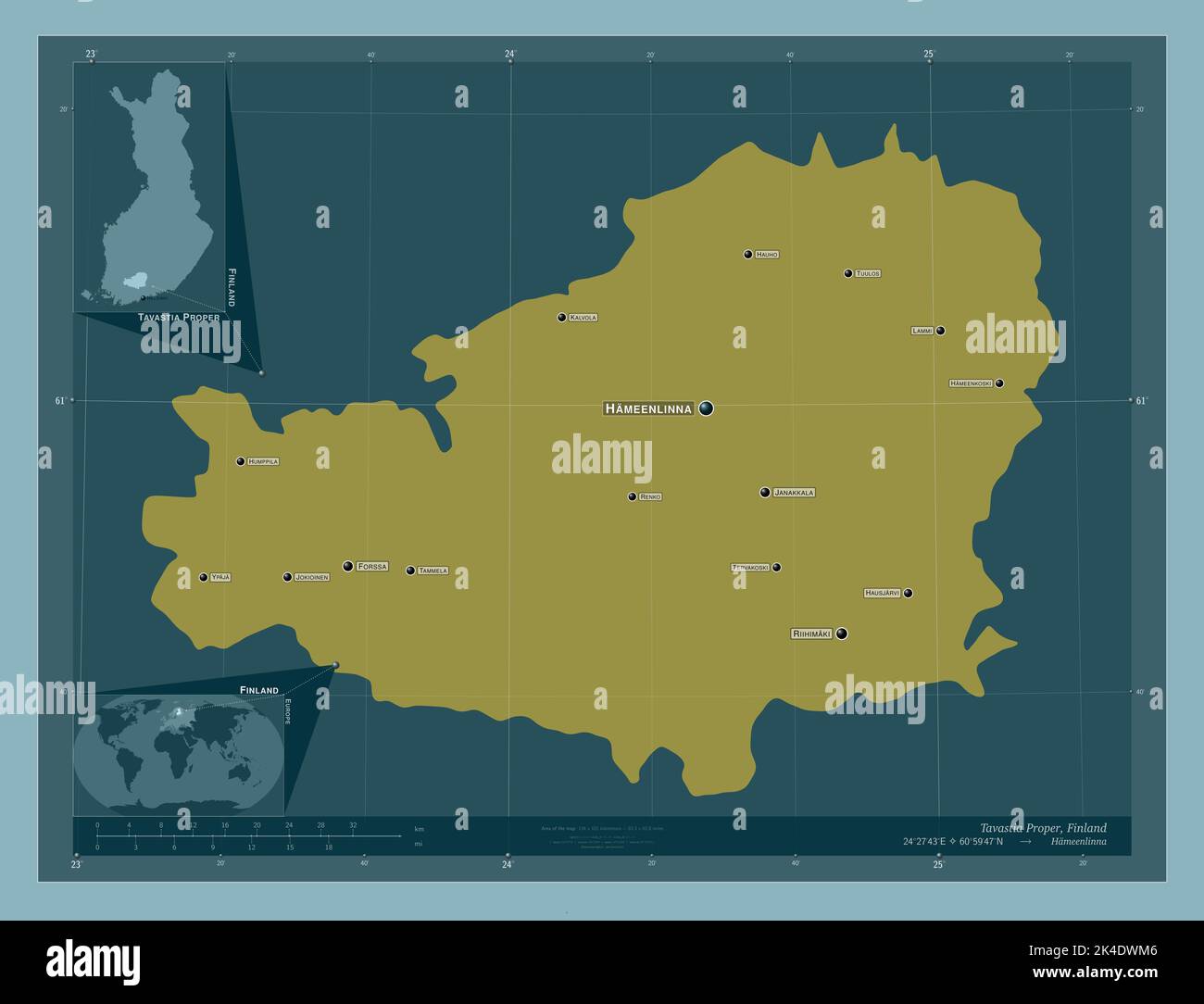 Tavastia Proper, region of Finland. Solid color shape. Locations and ...