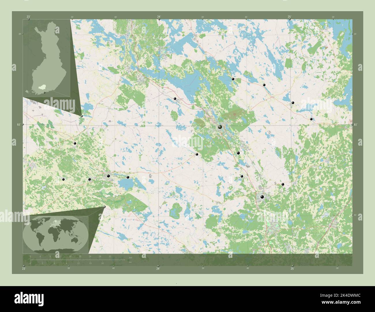 Tavastia Proper, region of Finland. Open Street Map. Locations of major ...