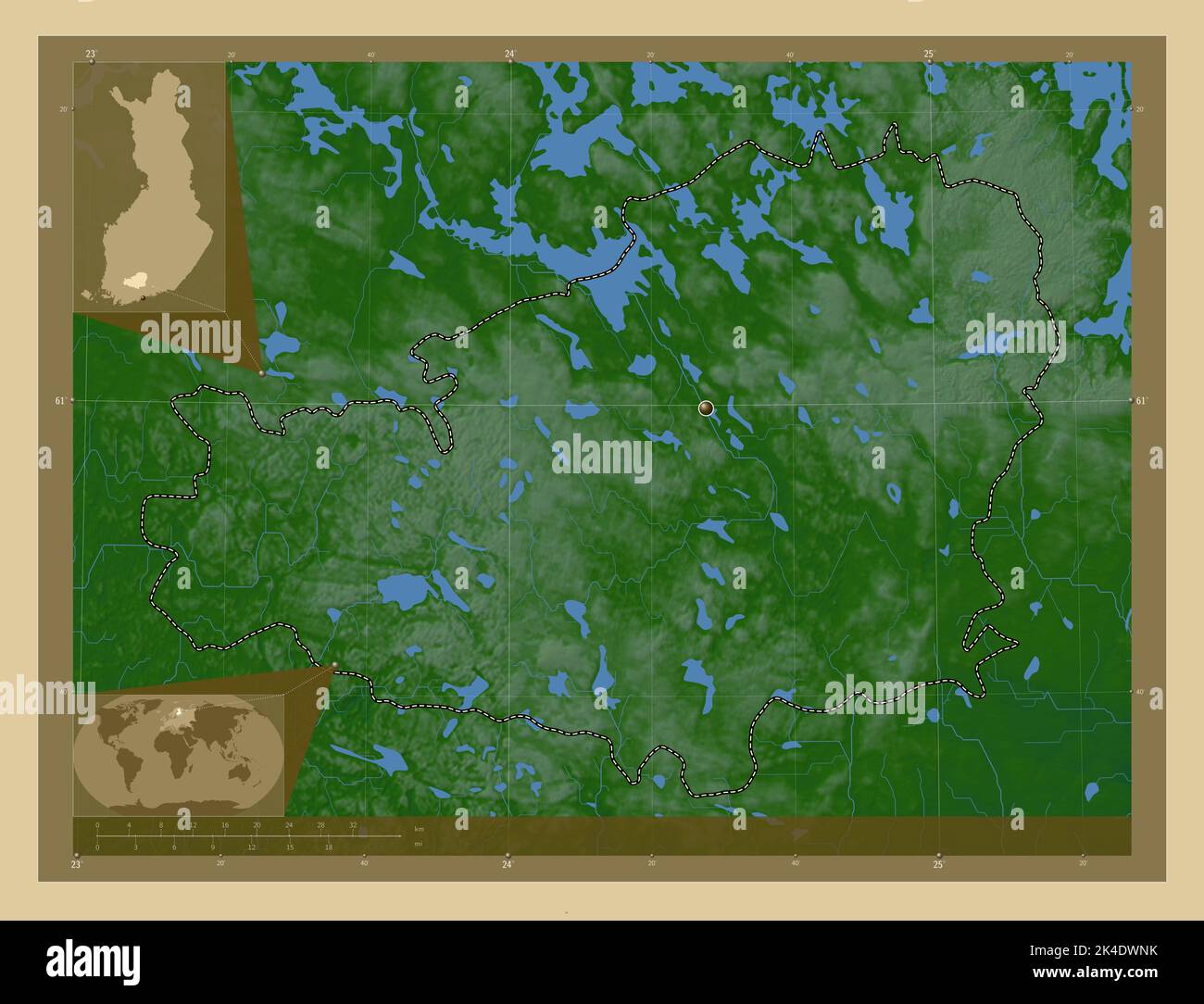 Tavastia Proper, region of Finland. Colored elevation map with lakes ...